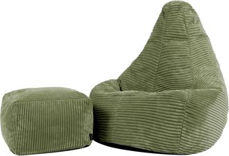 Icon Brand Dalton Sitzsack Kinder mit Hocker, Gr&uuml;n, Flauschiger Cord Stoff, Sitzsack Cord mit F&uuml;llung, Bequemer Kinder Gaming Sessel, Kuschelsessel, Lese Sessel,