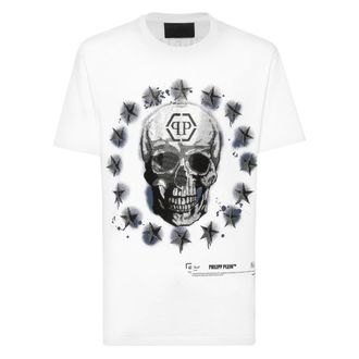 Philipp Plein Homme, Tops, Blanc, Taille: L T-Shirt Col Rond &Eacute;toiles & T&ecirc;te de Mort