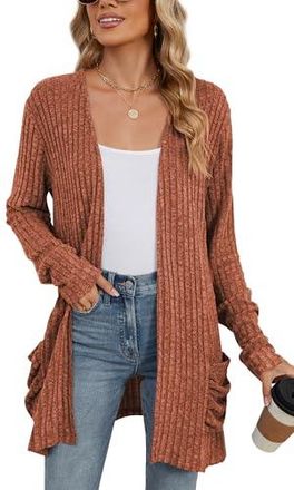 Feoya Gilet Femme Cardigan Long Cardigan Ouvert Manches Longues Cardigan Manteau Adulte Veste Long Tricoté Gilet Casual Orange XXL