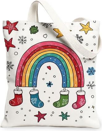Generic Sacs fourre-tout en toile de No&euml;l arc-en-ciel, motif &eacute;toiles color&eacute;es, sacs d&eacute;picerie r&eacute;utilisables, amusants pour lhiver, l&eacute;gers et lavables, toile p