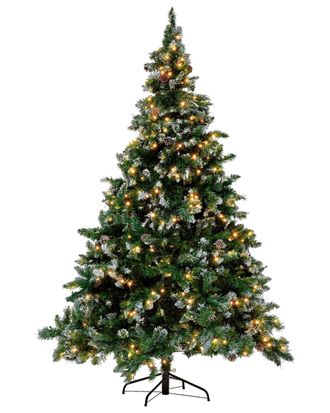 Beliani Weihnachtsbaum 210 cm LED Beleuchtung Schnee Zapfen Metallst&auml;nder gr&uuml;n Palomar