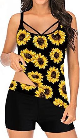 Generic Maillot de bain tankini taille haute imprim&eacute; pour femme - Maillot de bain 2 pi&egrave;ces rembourr&eacute; pour la plage, jaune, XXL