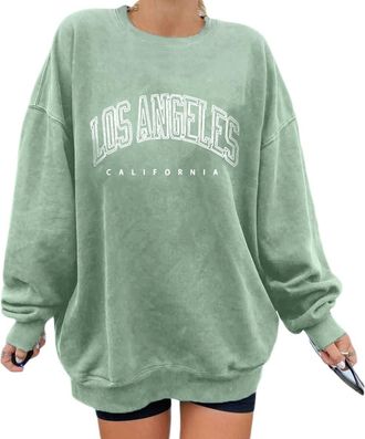 Minetom Pullover Damen Herbst Sweatshirt ohne Kapuze Los Angeles Vintage Drucken Oversized Langarmshirt Rundhals Pulli Oberteile Tops &uuml;bergro&szlig;e A Gr&uuml;n M