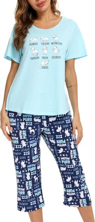 Mia Lucce Schlafanzug Damen Zweiteiliger Pyjama Sommer Nachtw&auml;sche Kurz Baumwolle Hausanzug Capri Sleepwear Oberteil und 3/4 Hose S-XXL