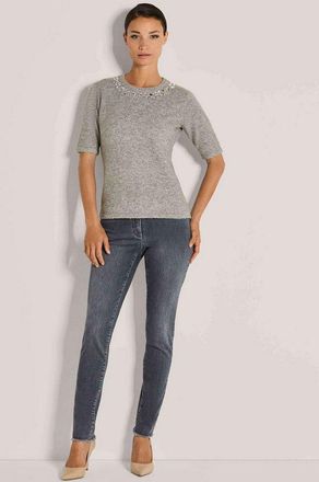 Madeleine Strickpullover Eleganter Businesspullover mit Rundhals Feiner Glattstrickpullover mit Ziersteinen und Halbarm