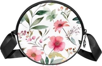 Generic Petit sac &agrave; bandouli&egrave;re circulaire pour femme, motif feuilles florales, sac &agrave; dos avec fermeture &eacute;clair, bretelles r&eacute;glables, sac &agrave; main rond d&eacute;contra