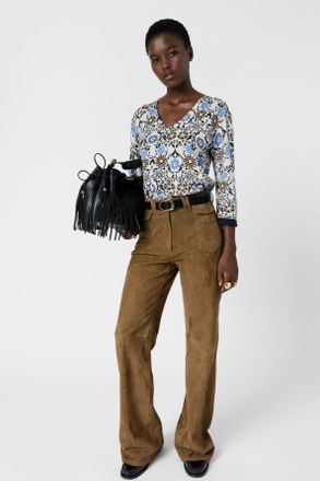 Gerard Darel Pull V imprim&eacute; en coton et lin - LIVA - Marron