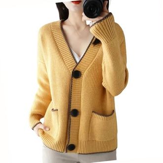 Generic Pull dhiver en tricot &agrave; col en V pour femme - Manches longues - Style d&eacute;contract&eacute;, Jaune, XL