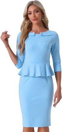 Allegra K Robe Crayon Femme Manches 3/4 Une Pièce Robe Midi Moulante avec Ceinture Robe Business à Volants à la Taille Cotume daffaires Bleu Ciel XL