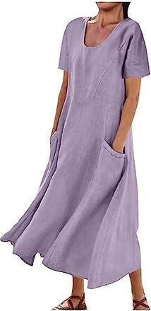 FNKDOR Robe Dété Femme Couleur Unie Mi-Longue Robe Cotton en Line Lâché Rétro Robe de Décontractée Col Rond Robes De Plage A-Line Robe Tunique à Manches Cour