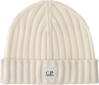 C.P. Company C.p. Company, Homme, Accessoires, Blanc, Taille: ONE Size Extrafine Merino Wool Logo Beanie