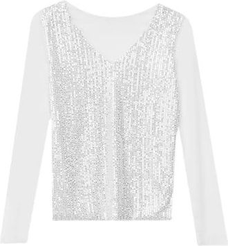 Generic Hauts à paillettes pour femme - Manches longues - Col en V - Haut de fête pour femme - Hauts et pulls - T-shirt de sortie - Haut streetwear tendance -
