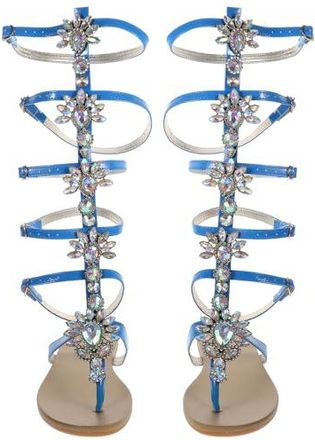 Beaupretty Sandales Plates d&Eacute;t&eacute; pour Femmes Style Romain Ornement Brillant Bride &agrave; Boucle Ajustable Semelle Plate Confortable Taille 40 Bleu pour Plage F&ecirc;te et U