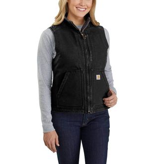 Carhartt Work in Progress Damen Relaxed Fit Washed Duck Lined Mock-Neck Vest Damenweste mit Sherpa-Futter und Stehkragen, lockere Passform, Schwarz, Größe L, L