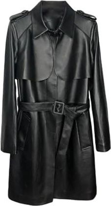 Generic Trench-coat mi-long en cuir v&eacute;ritable pour femme - Veste dhiver en cuir de mouton avec revers crant&eacute;, Noir, M
