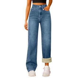 Generic Jean doubl&eacute; en polaire pour femme - Taille haute - Jambe large - Pantalon en jean extensible - Pour lhiver - Chaud, noir fonc&eacute;, XXL
