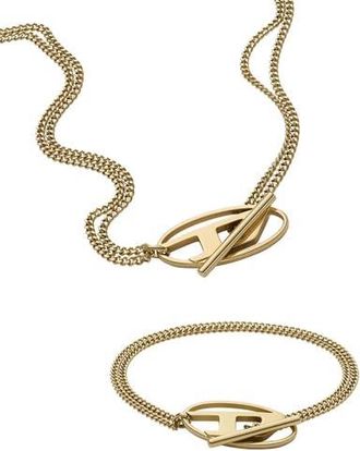 Diesel Collier et Bracelet Oval D Logo en acier inoxydable doré pour Homme, Set