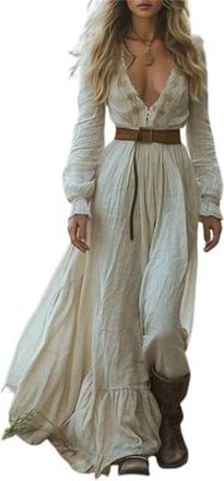 ORANDESIGNE Robe Longue Retro &agrave; Col en V et Manches Longues pour Femmes Robes en Mousseline de Soie Vintage Western Country Robe D&eacute;contract&eacute;e dautomne Y Blanc XXL