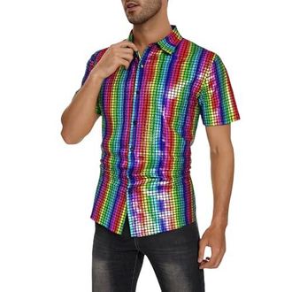 Generic Chemise fluo &agrave; paillettes &agrave; manches courtes et col &agrave; revers pour homme - Chemise color&eacute;e ajust&eacute;e - Doux &agrave; porter - Costume disco brillant pour f&ecirc;te de
