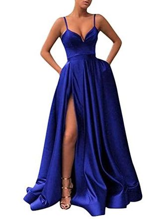 ORANDESIGNE Femme Robe en Satin Printemps Longue en Dentelle à Bretelles Spaghetti Dos Nu Col en V Fente élégante de Soirée Lilas de Banquet