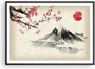 Arttor Poster Schwarzrahmen Deko 100x70cm Aquarell asiatisch Landschaft Wandposter Wanddeko Bild Wand Kunstdruck Wandbilder Dekoration Wohnzimmer Schlafzimme