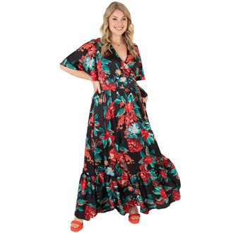 Lovedrobe Damen Maxikleid Für V-Ausschnitt, Kurzärmelig, Flattern, Tropische Rüschen Mit Den Sommer Kleid, Schwarz, 54 EU