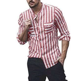 Generic Chemise de plage en lin pour homme - Chemise ray&eacute;e fine en lin - Polo pour homme - Coupe ajust&eacute;e - Manches longues - Col en V - T-shirt graphique pour