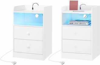 Woltu Lot de Tables de Chevet avec Station de Charge, Table dAppoint avec Lumi&egrave;re LED en Bois, Blanc