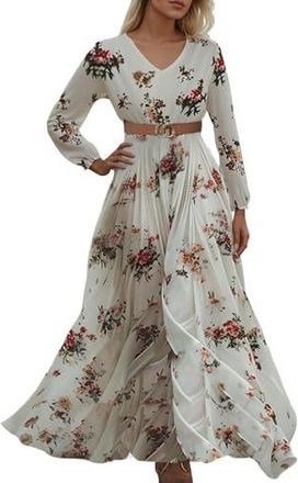 Generic Robe Longue Femme R&eacute;tro- Robe Sexy Chic Col en V Et Manches Longues Pretty De Style Pastoral Fleurs Boheme Taille Haute Baggy Vacances Plage Banquet C