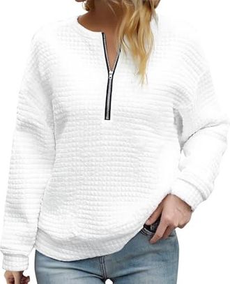 Generic Sweat-shirt gaufré à manches longues et col rond pour femme - Automne et hiver, Z03-blanc, XXL