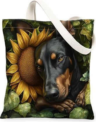 Generic Sac fourre-tout en toile motif doberman printanier, 33 x 38,1 cm, motif imprim&eacute; tournesol, feuille de tournesol, chiot r&eacute;utilisable, pour femme, motif