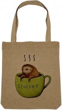 Fabulous Sac Shopping Tote Bag Aspect Lin - Sloffee Illustration Pun Jeux de Mot Animal Faineant Caf&eacute; - Sac de Courses Toile Epaisse 360g Beige Naturel Cabas P