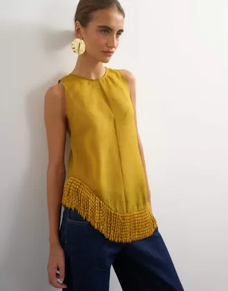 Topshop premium Organza-Top mit Perlenbesatz am Saum in Oliv-Gr&uuml;n