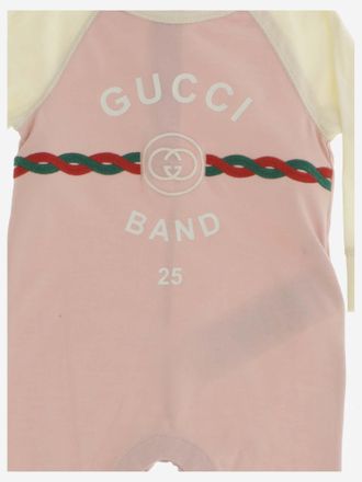 Gucci Girls Cotton Romper With Gg Print Pink Rompers