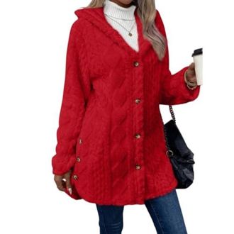Generic Cardigan &agrave; Capuche Jacquard Manteau Femme Automne Hiver Chaud Mode Jacquard Cardigan &agrave; Capuche Manches Longues Manteau, Rouge, 4XL