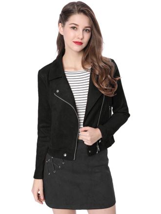 Allegra K Damen Kurze Jacke Soft Moto Zip Up Pockets Faux Suede Biker Jacken, Schwarz, 38