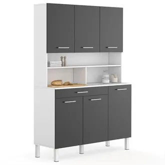 IDMarket Buffet de Cuisine 120 CM CINA 6 Portes + tiroir Blanc et Gris Brillant