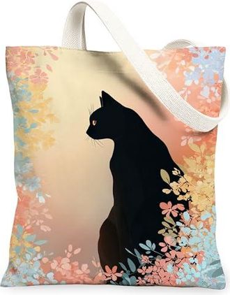 Generic Sacs fourre-tout en toile motif chat floral, sacs d&eacute;picerie r&eacute;utilisables, sacs d&eacute;picerie r&eacute;utilisables, l&eacute;gers et lavables avec bandouli&egrave;re, noir, 13