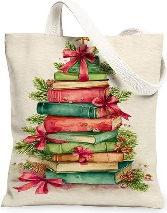 Generic Sacs fourre-tout en toile &agrave; empiler avec des livres de No&euml;l, motif arbre de vacances, sacs d&eacute;picerie r&eacute;utilisables, vintage l&eacute;gers et lavables en toil