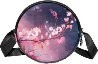 Generic Petit sac &agrave; bandouli&egrave;re rond pour femme, motif fleurs de cerisier avec fermeture &eacute;clair, bretelles r&eacute;glables, sac &agrave; main rond d&eacute;contract&eacute; pour femmes 