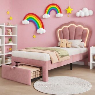 Generic Rosa Samt-Jugendbett mit LED-Beleuchtung, 90x190 cm Kinder-Einzelbett mit App-Steuerung, Schubladen, verstellbarem Kopfteil und Lattenrost