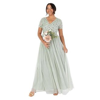 Maya Womens Ladies Maxi Dress Sequin Embellished Floral V-Neck Short Sleeve Tulle Skirt A-Line for Wedding Guest Ball Gown, Robe Femme, Green Lily
