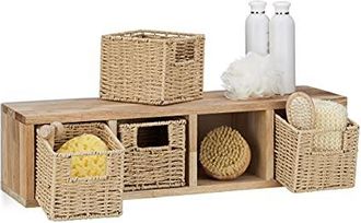 Relaxdays Wandregal Walnuss 4 herausnehmbare Körbe, natürliches Design, zur Wandmontage, 4 Fächer, natur