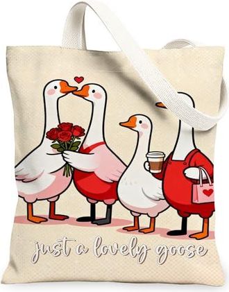 Generic Lovely Geese Sac fourre-tout en toile Motif animal mignon R&eacute;utilisables Sac d&eacute;picerie Printemps Floral L&eacute;ger Lavable Bandouli&egrave;re, beige, 13x15 Inch