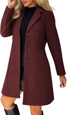 Generic Caban pour femme en laine mélangée avec col montant épais, manteau décontracté classique automne hiver trench à simple boutonnage, rouge vin, XXL