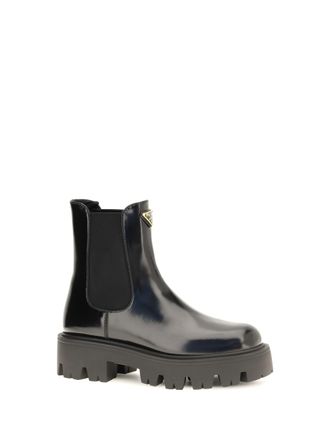 Prada Womens Brushed Leather Ankle Boots Nero