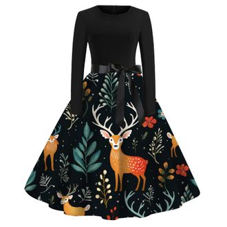 Generic Weihnachtskleid f&uuml;r Damen, Weihnachtskleid, Vintage, 50er-Jahre, Weihnachten, Blumendruck, Langarm, sexy, Bustier, Swing, Kleid, l&auml;ssig, knielang, Ges