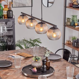 HOFSTEIN H&auml;ngeleuchte Koyoto, 4-flammige H&auml;ngelampe aus Metall/Riffelglas in Schwarz/Bernstein/Klar, Vintage-Design (&Oslash; 15cm), E14, Pendelleuchte verstellbar ma