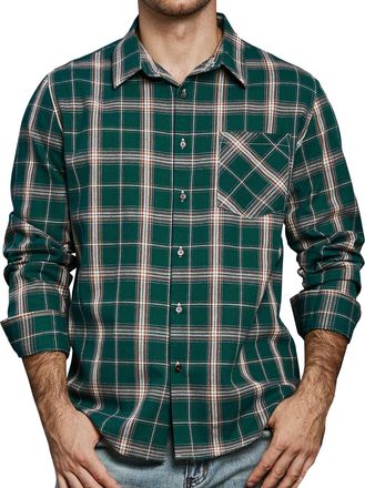 JOGAL Herren Kariertes Hemd Langarm Regular Fit Trachtenhemd Button Down Baumwolle Freizeithemd mit Tasche Tiefgr&uuml;n XX-Large