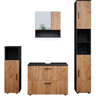 Vicco Ensemble de meubles de salle de bain Irma, Ch&ecirc;ne dor&eacute;/anthracite, 4 pi&egrave;ces, avec armoire &agrave; tiroirs et armoire haute